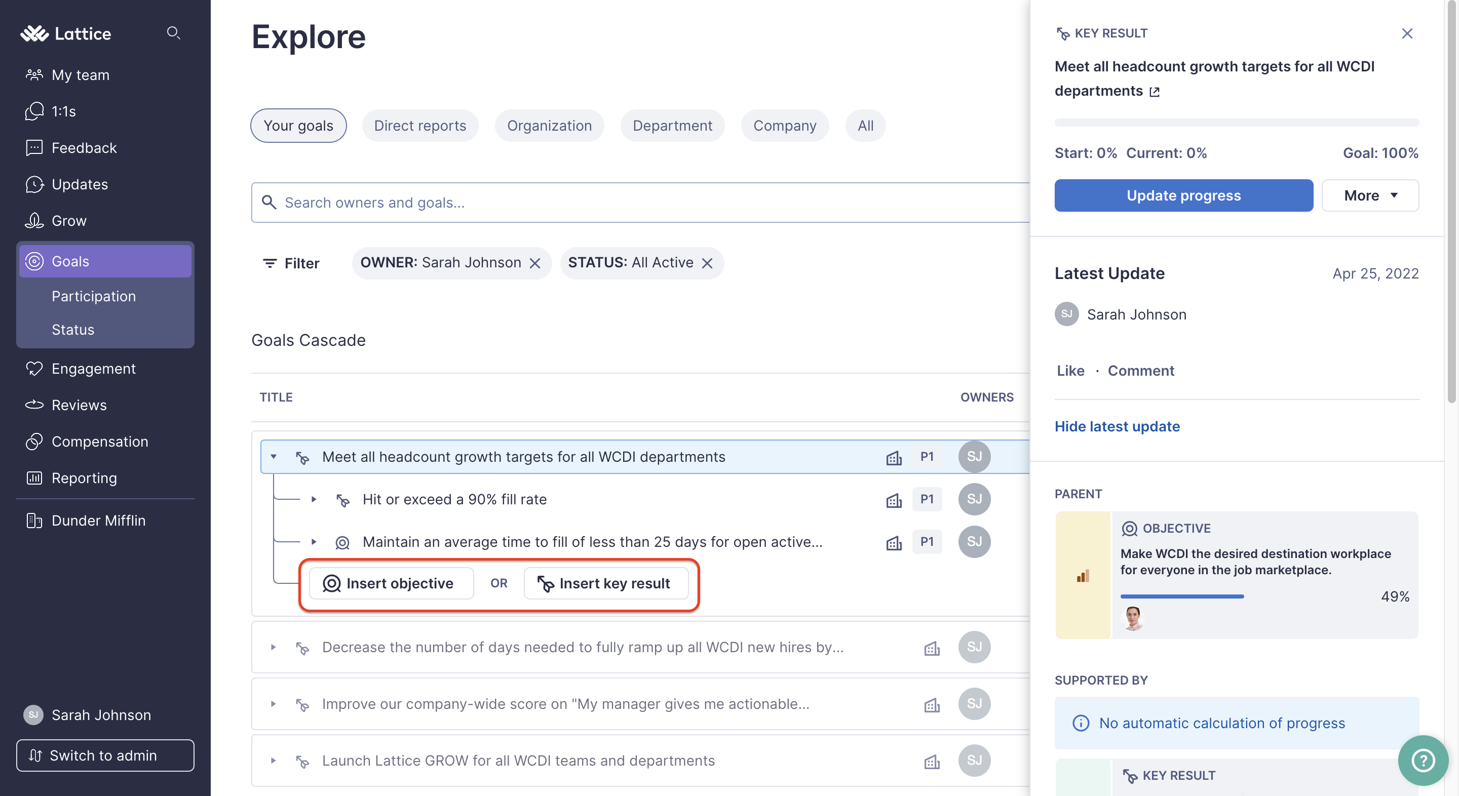 Goals Explore Page: Quick Create & Actions – Lattice Help Center